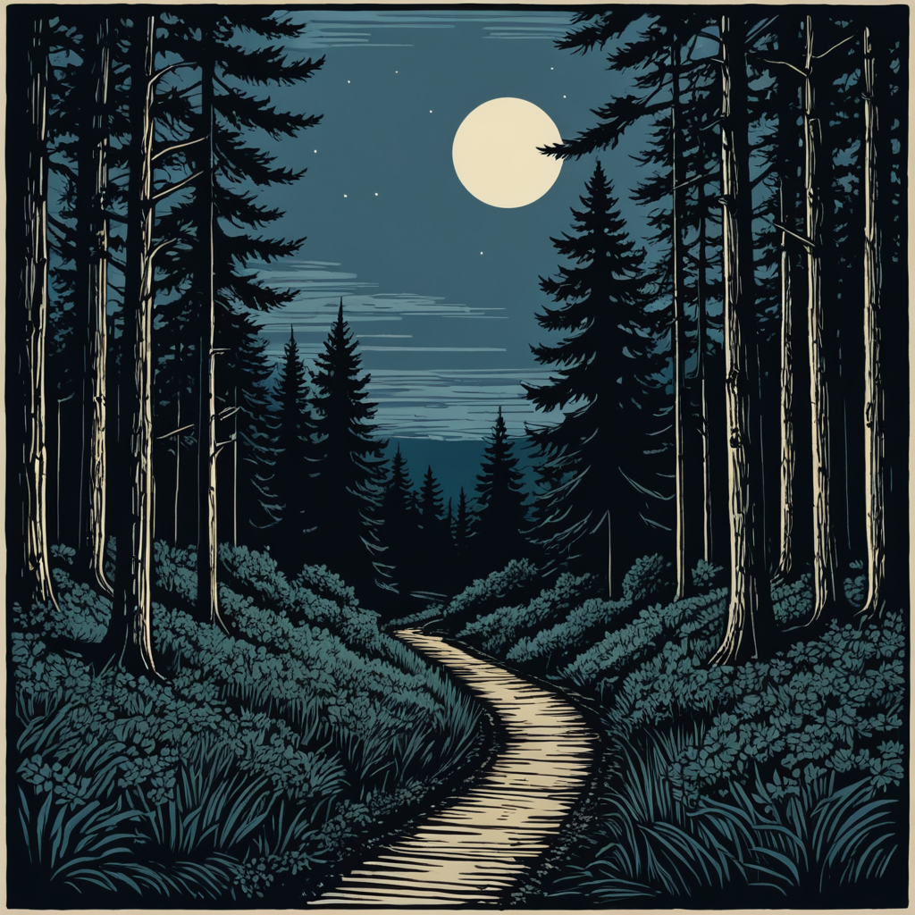 Woodcut style, night, moonlight, in - Gulf Picasso | بيكاسو الخليج